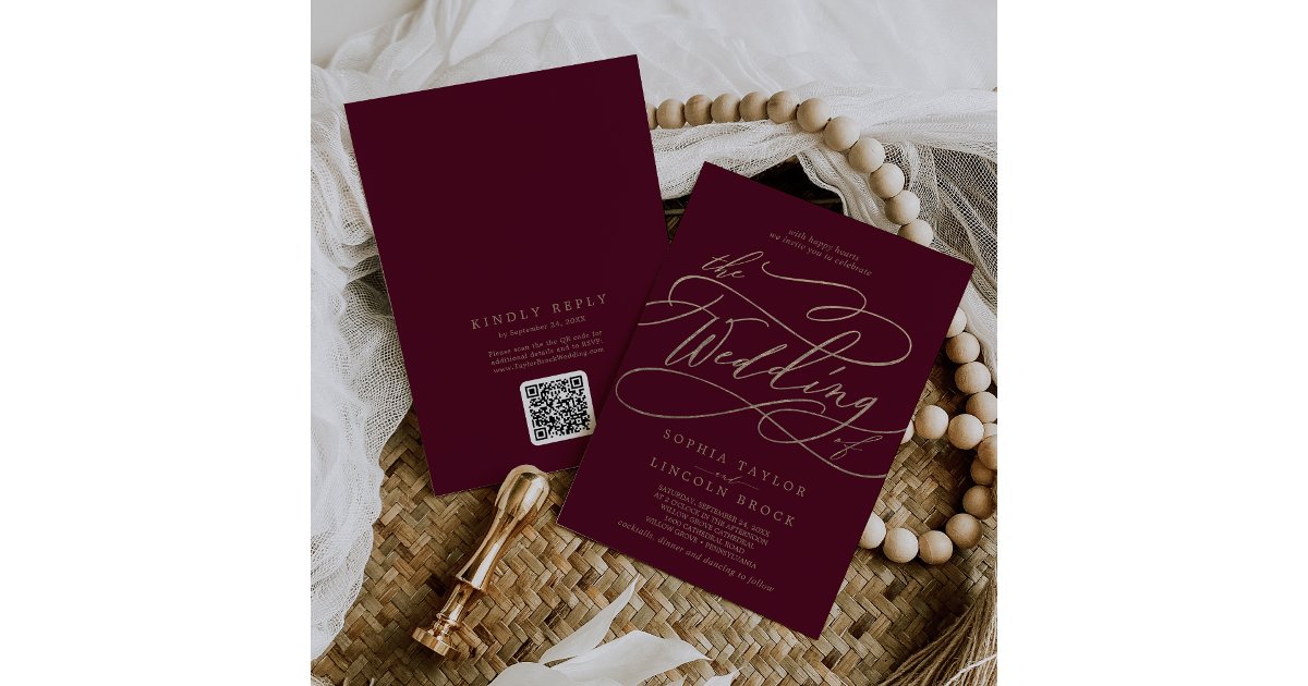 Romantic Burgundy QR Code All In One Wedding Invitation | Zazzle