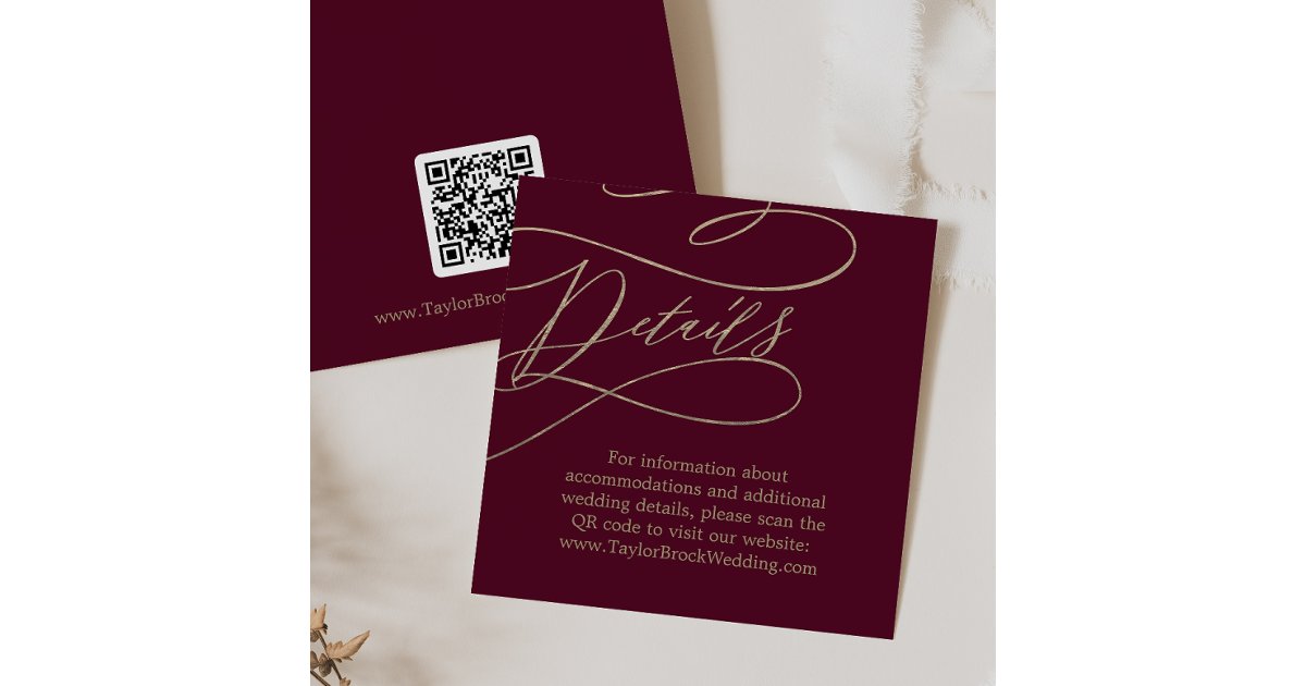 Romantic Burgundy QR Code Wedding Details Enclosure Card | Zazzle