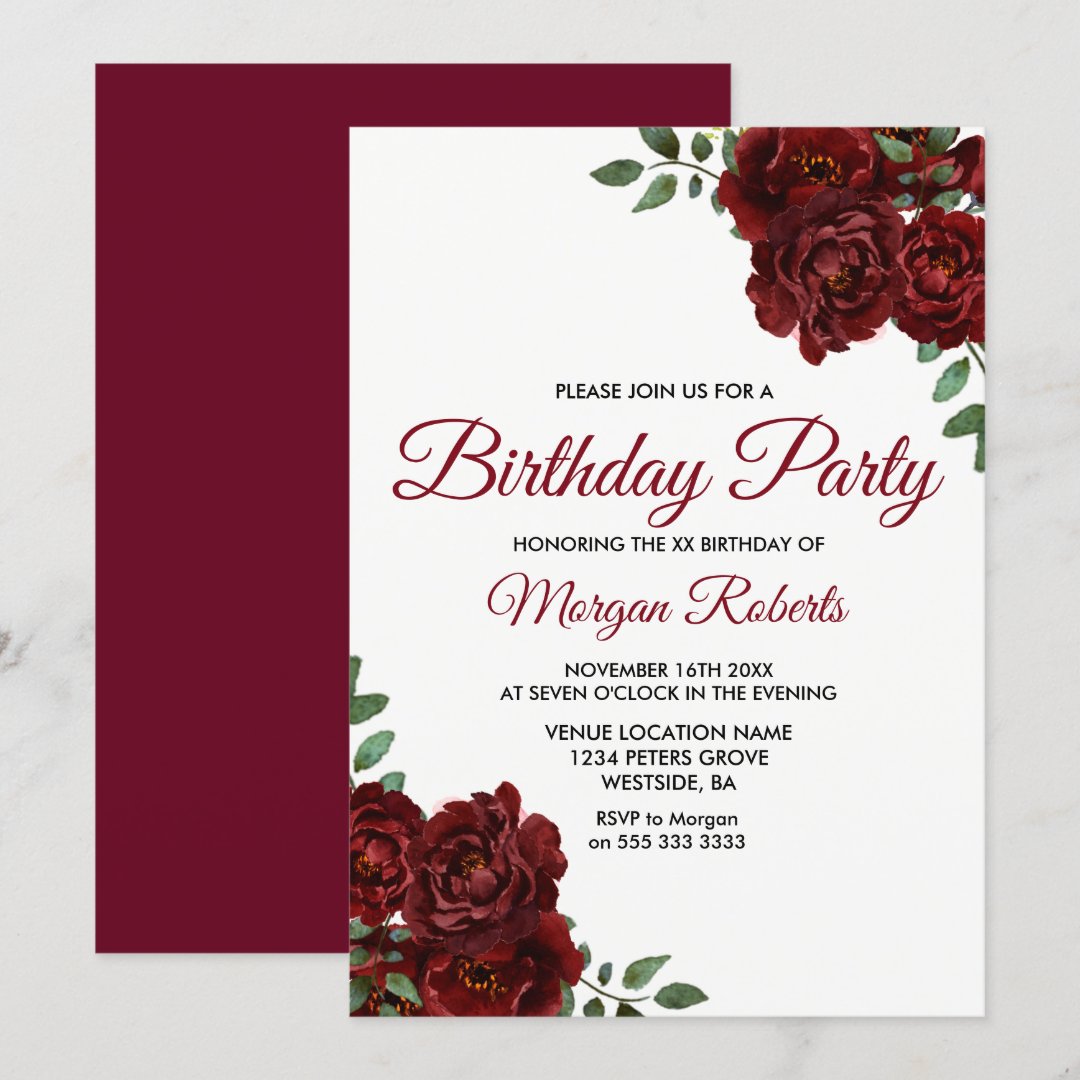 Romantic Burgundy Red Rose Birthday Party Invite | Zazzle