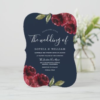Romantic Burgundy Red Rose & Navy Blue Wedding Invitation | Zazzle