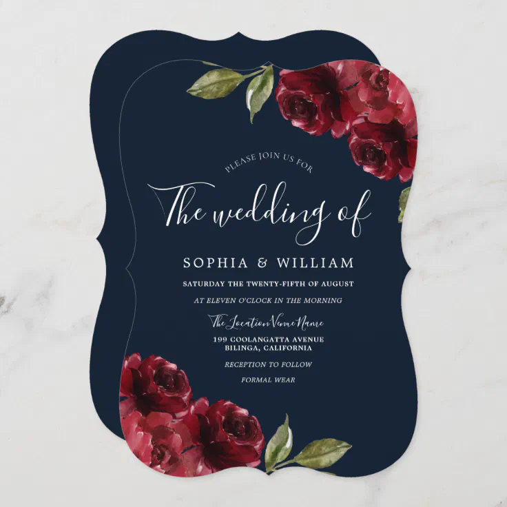 Romantic Burgundy Red Rose & Navy Blue Wedding Invitation | Zazzle