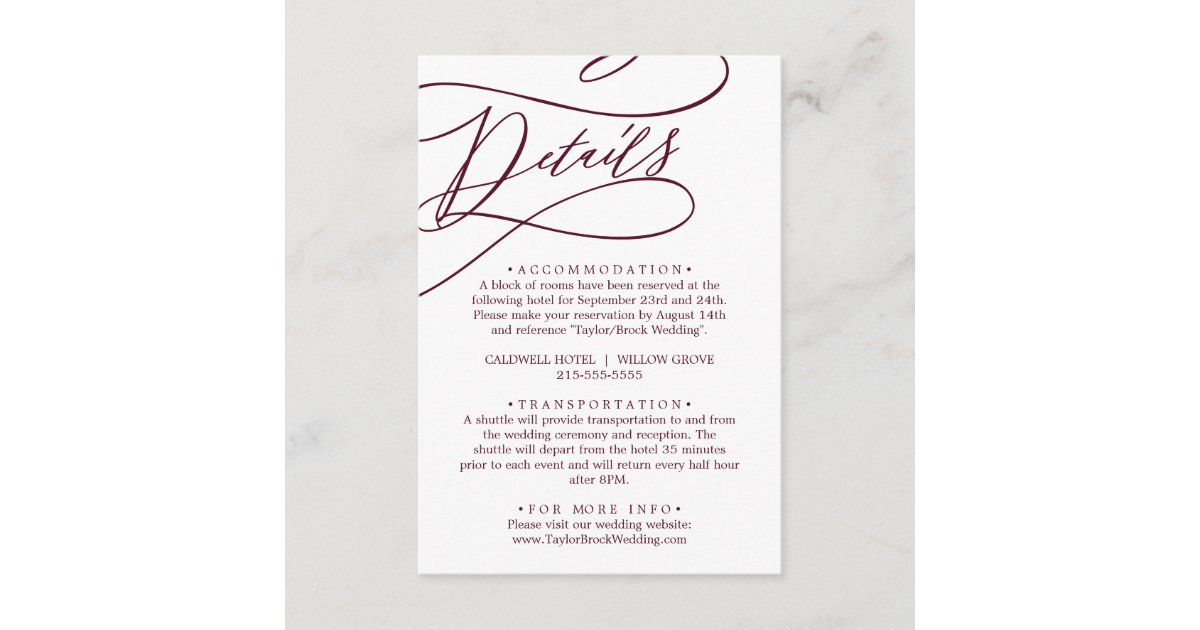 Romantic Burgundy Text Calligraphy Details Enclosure Card | Zazzle
