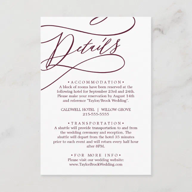 Romantic Burgundy Text Calligraphy Details Enclosure Card | Zazzle