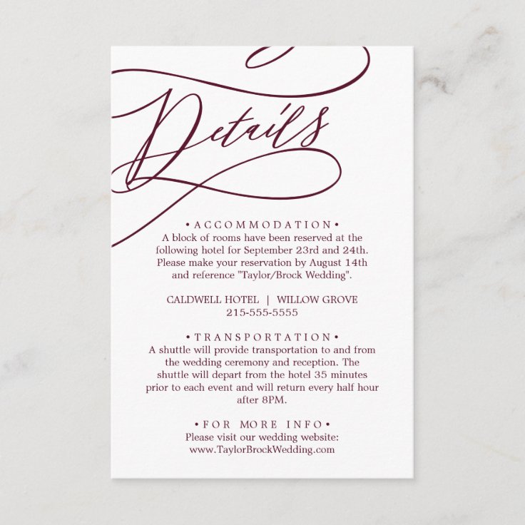 Romantic Burgundy Text Calligraphy Details Enclosure Card | Zazzle