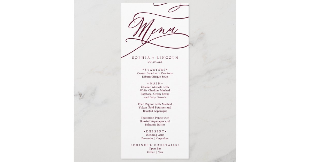 Romantic Burgundy Text Calligraphy Wedding Dinner Menu | Zazzle