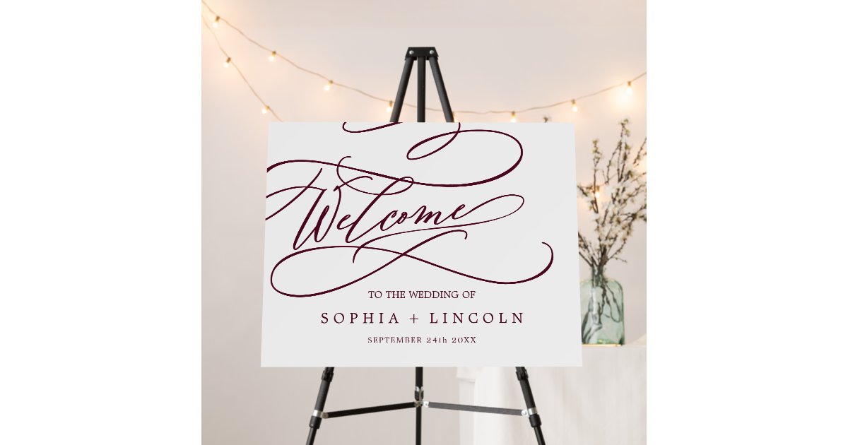Romantic Burgundy Text Calligraphy Welcome Wedding Foam Board | Zazzle