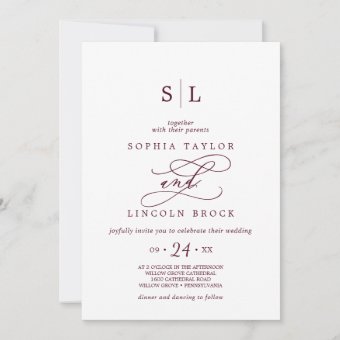 Romantic Burgundy Text Monogram Wedding Invitation | Zazzle
