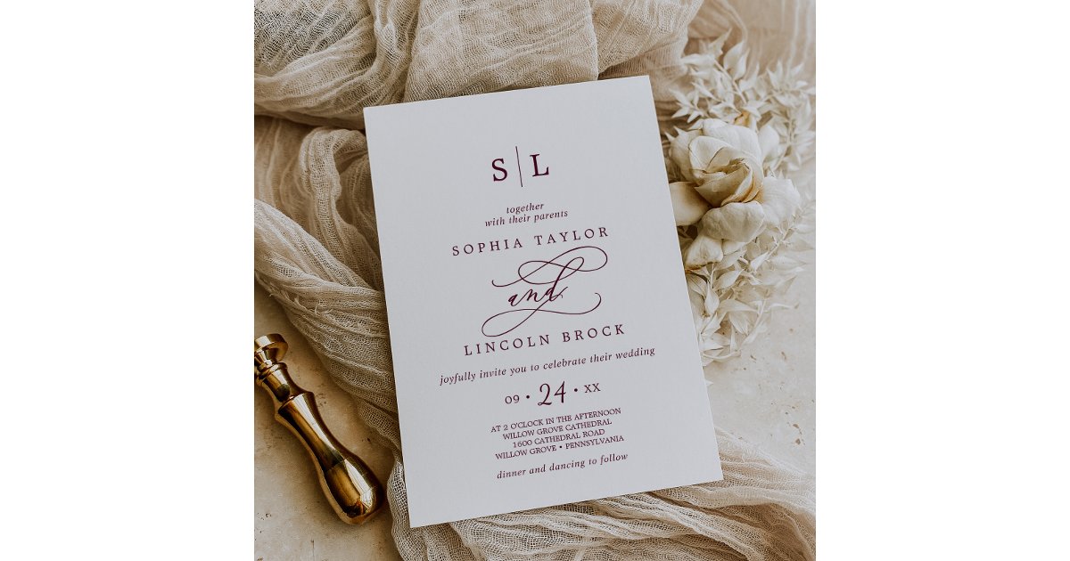 Romantic Burgundy Text Monogram Wedding Invitation | Zazzle