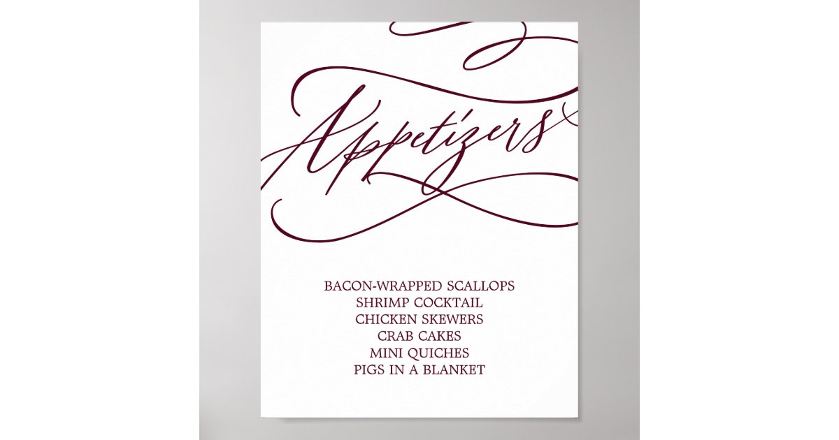 Romantic Burgundy Text Wedding Appetizers Poster | Zazzle