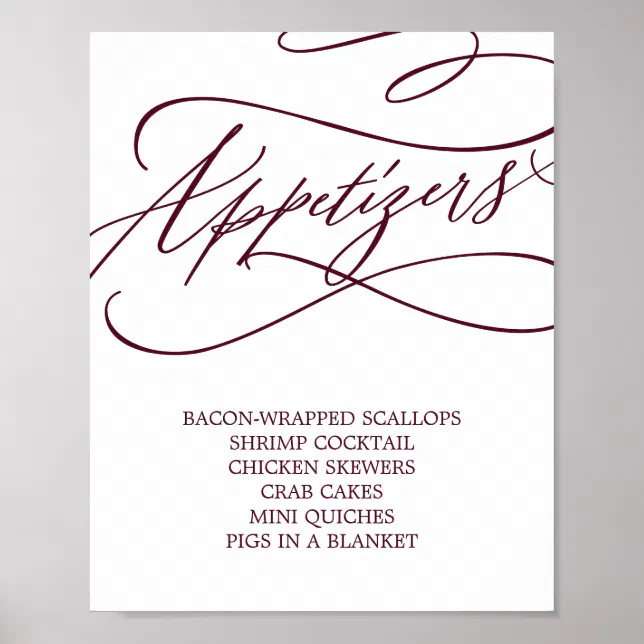 Romantic Burgundy Text Wedding Appetizers Poster | Zazzle
