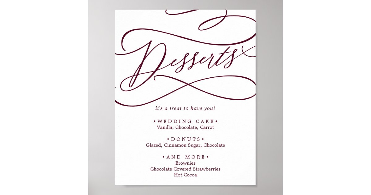 Romantic Burgundy Text Wedding Desserts Poster | Zazzle