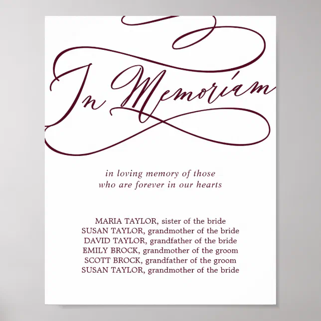 Romantic Burgundy Text Wedding In Memoriam Poster | Zazzle