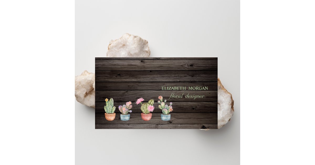 Romantic Cactus Dark Wood Business Card | Zazzle