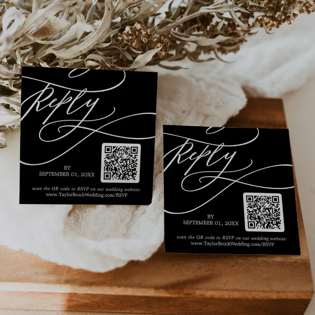 Romantic Calligraphy | Black QR Code Wedding RSVP Enclosure Card | Zazzle