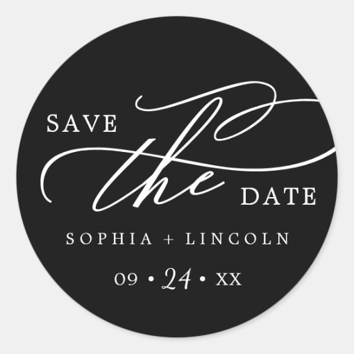 Romantic Calligraphy Black Save the Date Sticker | Zazzle