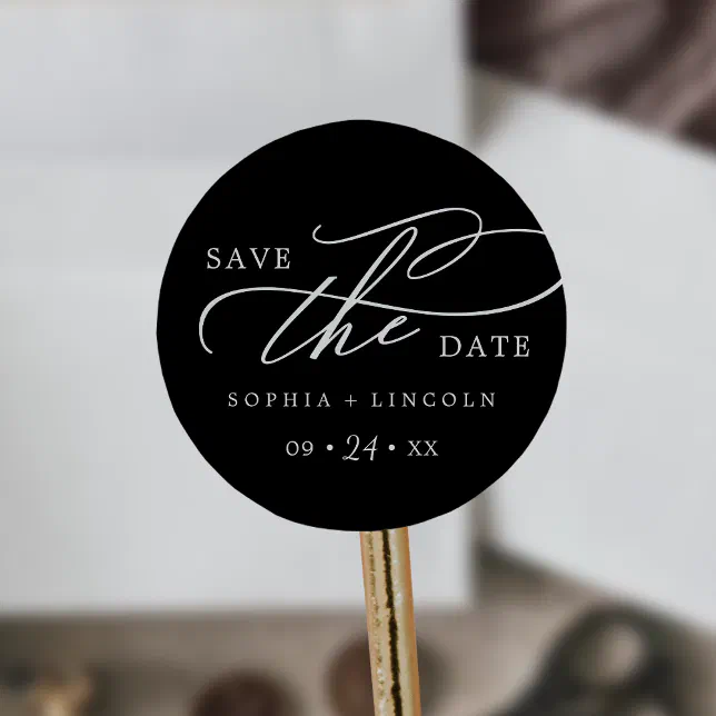 Romantic Calligraphy Black Save the Date Sticker | Zazzle