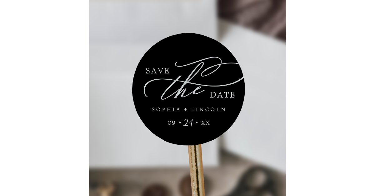 Romantic Calligraphy Black Save the Date Sticker | Zazzle