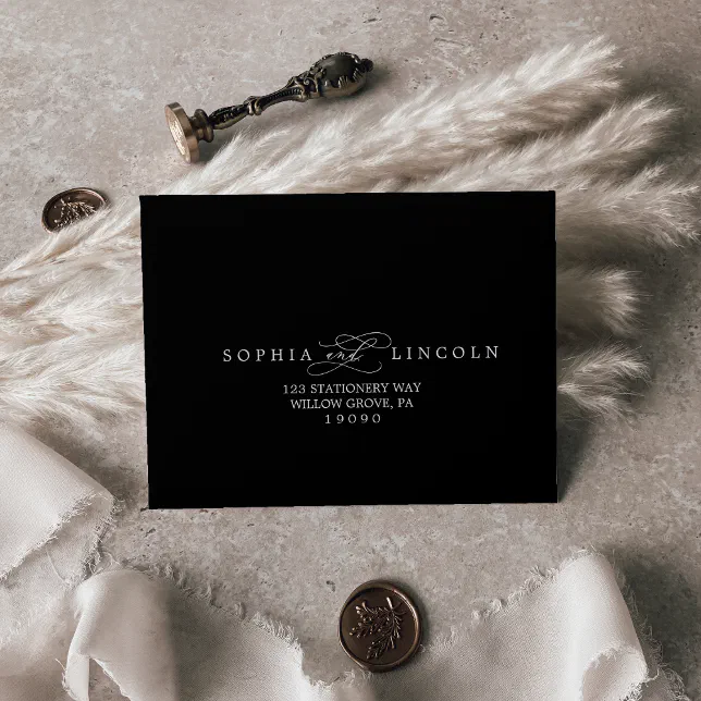 Romantic Calligraphy Black Self-Addressed RSVP Envelope | Zazzle