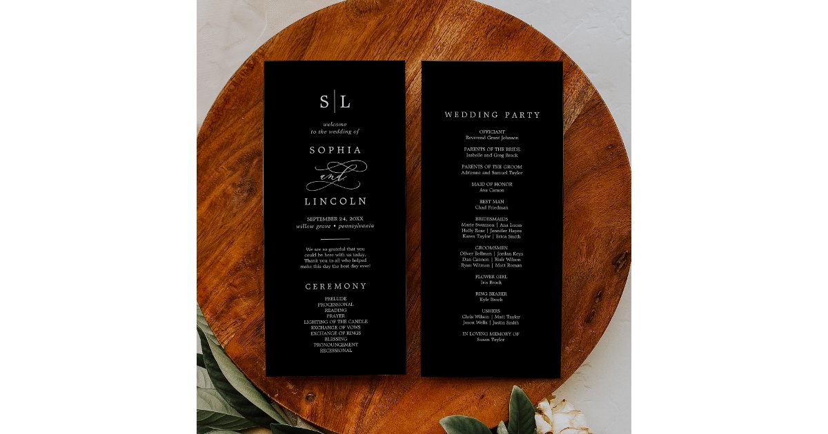 Romantic Calligraphy | Dark Black Monogram Wedding Program | Zazzle
