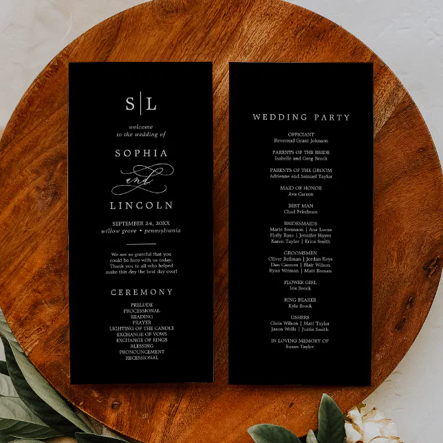 Romantic Calligraphy | Dark Black Monogram Wedding Program | Zazzle