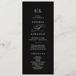 Romantic Calligraphy | Dark Black Monogram Wedding Program | Zazzle