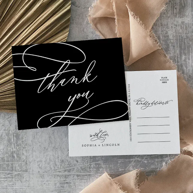 Romantic Calligraphy | Dark Black Thank You Postcard | Zazzle