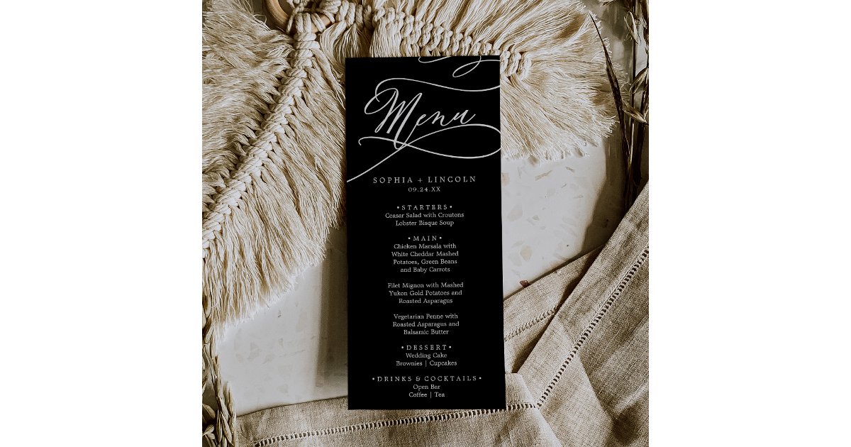 Romantic Calligraphy | Dark Black Wedding Dinner Menu | Zazzle
