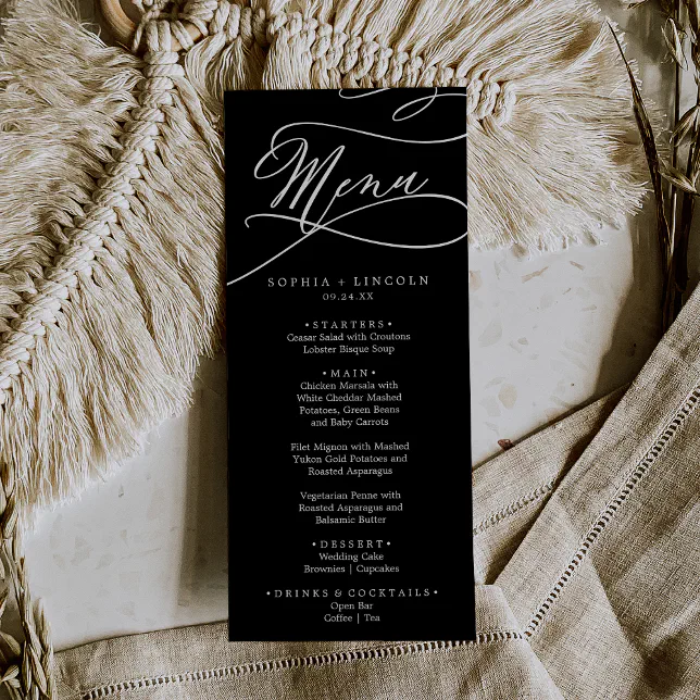 Romantic Calligraphy | Dark Black Wedding Dinner Menu | Zazzle