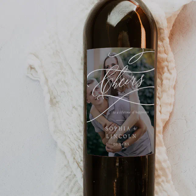 Romantic Calligraphy Dark Photo Overlay Wedding Wine Label | Zazzle