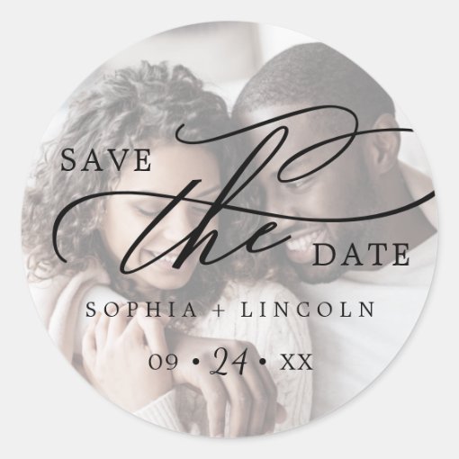 Romantic Calligraphy Names Photo Save the Date Classic Round Sticker ...