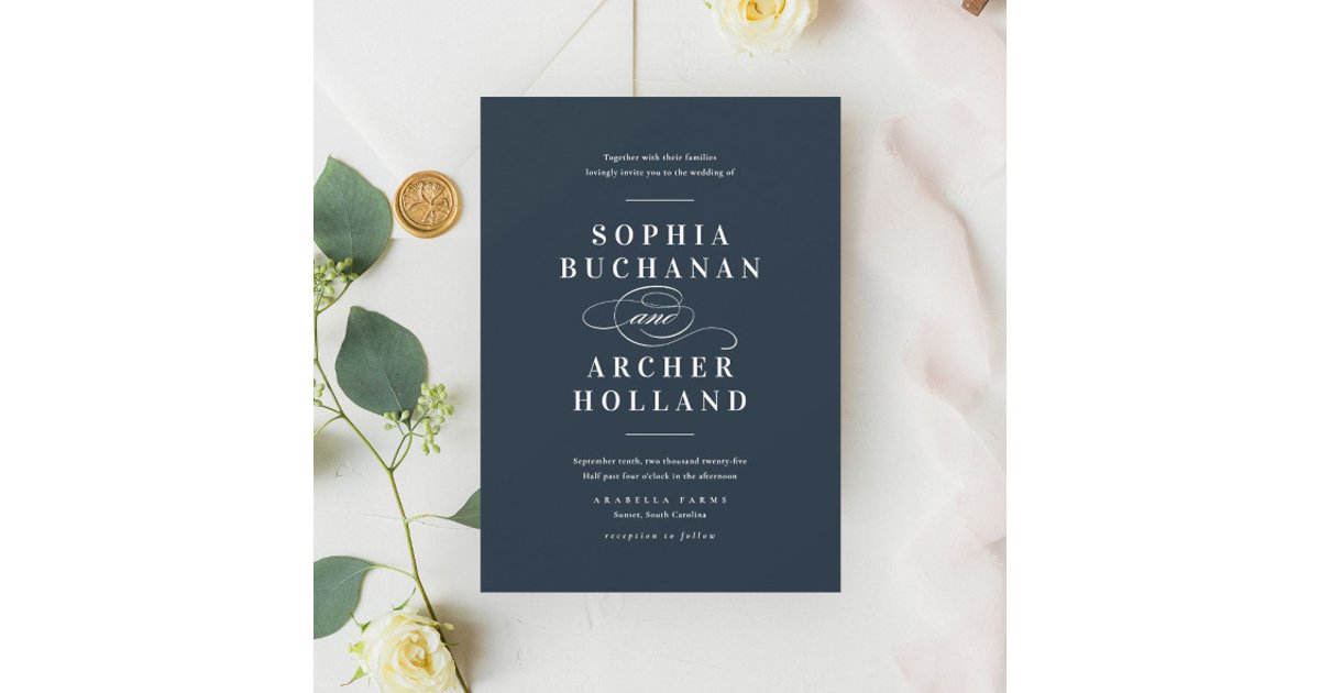Romantic Calligraphy Navy Blue Elegant Wedding Invitation | Zazzle