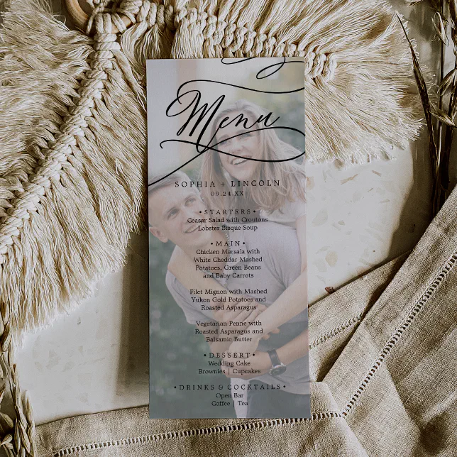 Romantic Calligraphy Photo Wedding Dinner Menu | Zazzle