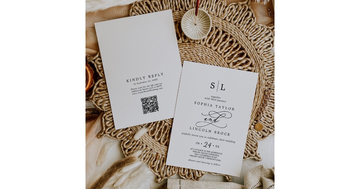 Romantic Calligraphy QR Code All In One Wedding Invitation | Zazzle