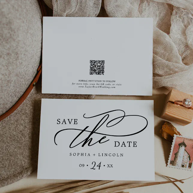 Romantic Calligraphy | QR Code Horizontal Save The Date | Zazzle