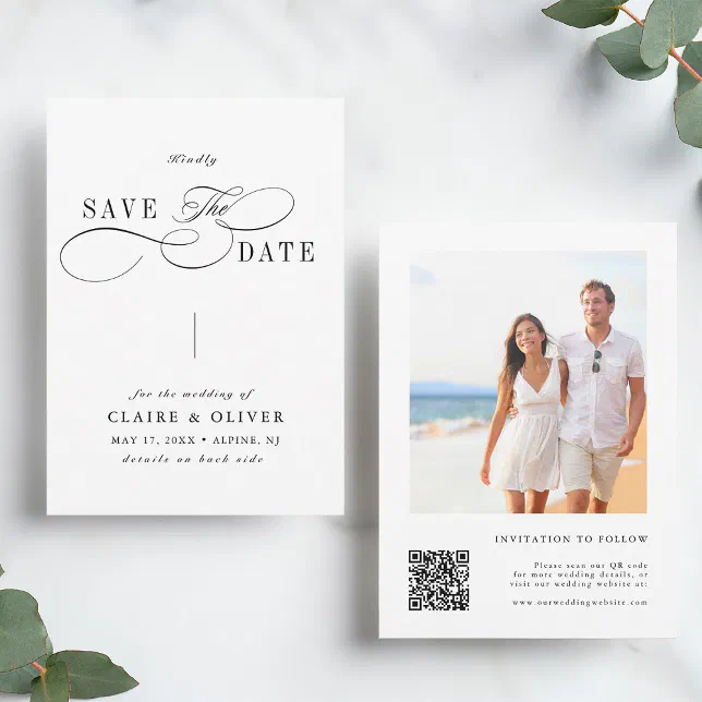 Romantic Calligraphy QR Code Photo Save The Date | Zazzle
