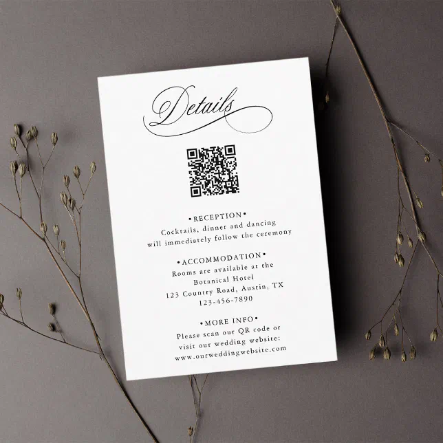 Romantic Calligraphy QR Code Wedding Details Enclosure Card | Zazzle