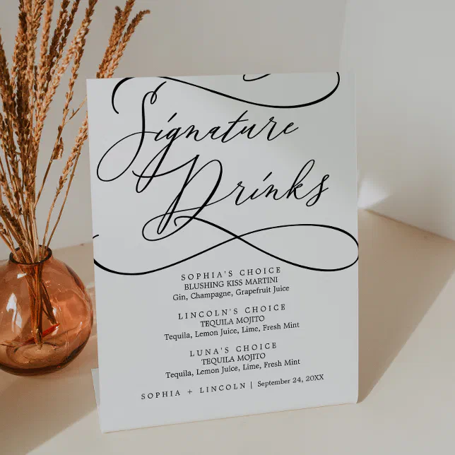 Romantic Calligraphy Wedding Bar Signature Drinks Pedestal Sign | Zazzle