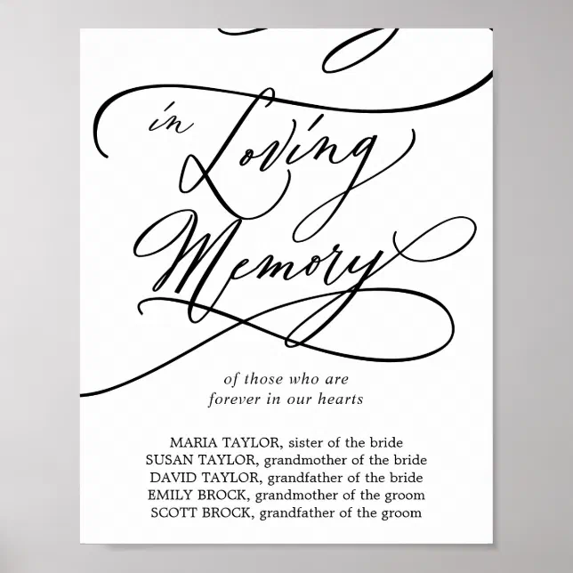 Romantic Calligraphy Wedding In Loving Memory Poster | Zazzle