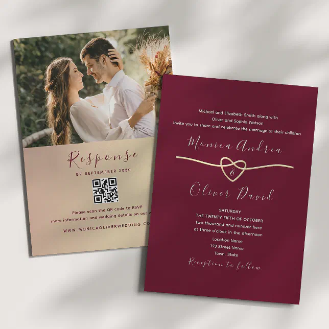 Romantic Chic Burgundy Wedding QR Code Invitation | Zazzle