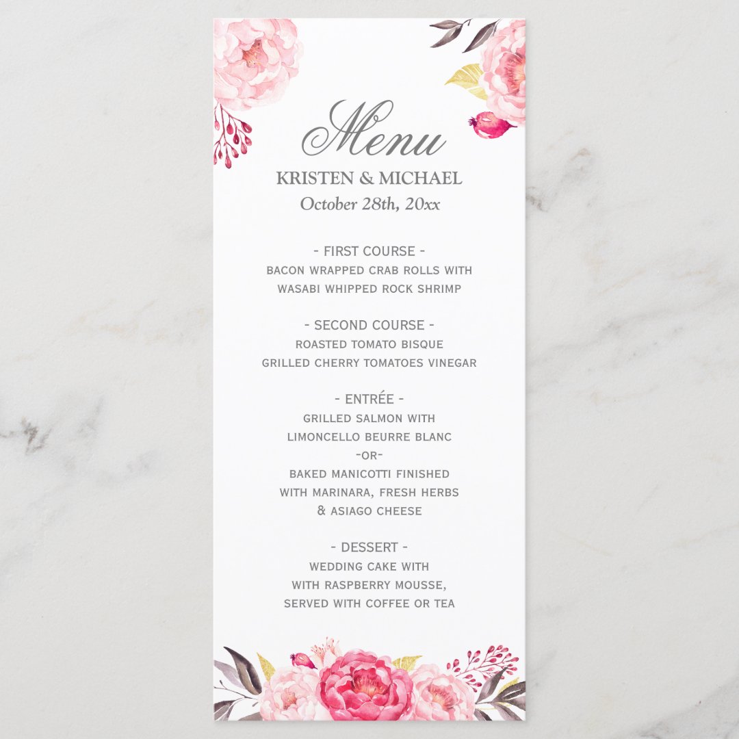 Romantic Chic Floral Wedding Menu Template | Zazzle