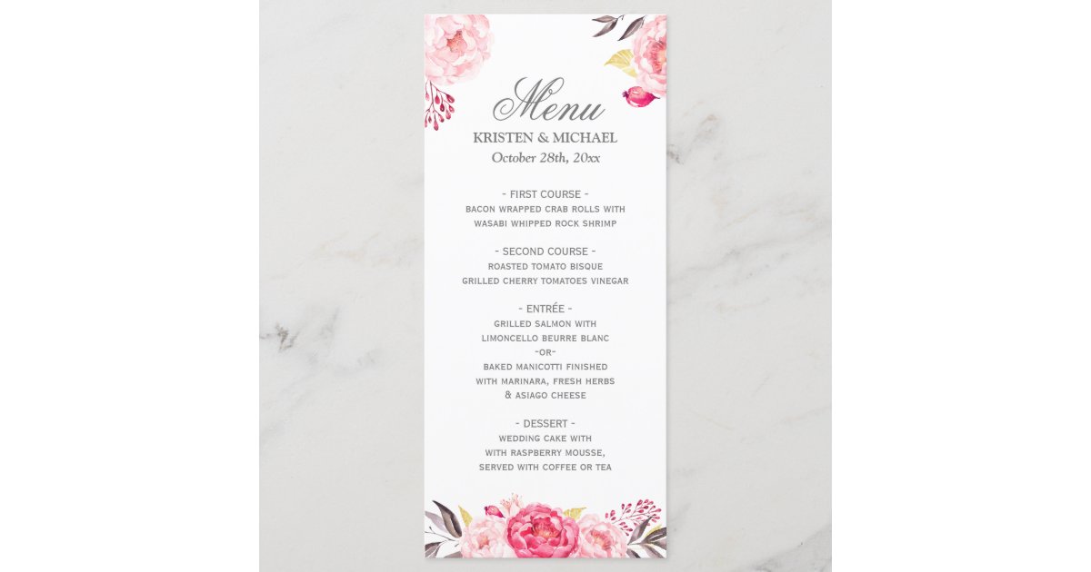 Romantic Chic Floral Wedding Menu Template | Zazzle