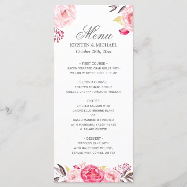 Romantic Chic Floral Wedding Menu Template | Zazzle
