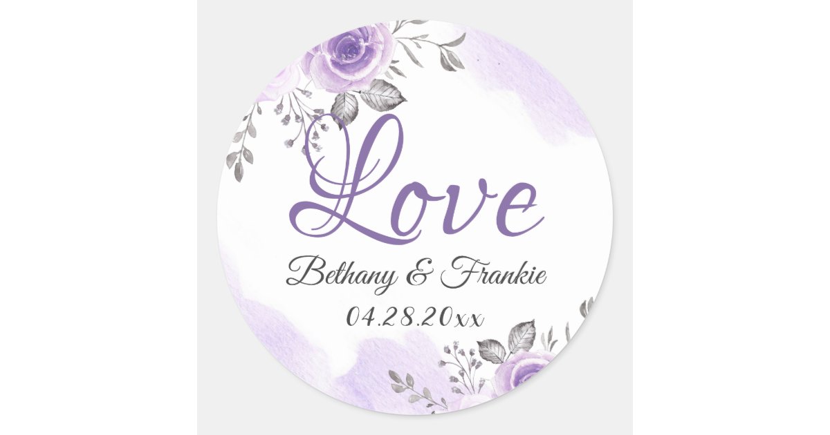 Romantic Chic Pastel Purple Floral Love Script Classic Round Sticker ...