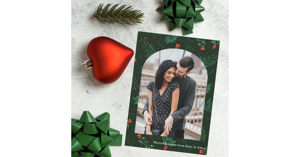 Romantic Christmas Arch Photo Green Mistletoe Holiday Card | Zazzle