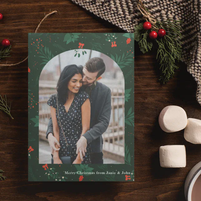 Romantic Christmas Arch Photo Green Mistletoe Postcard | Zazzle