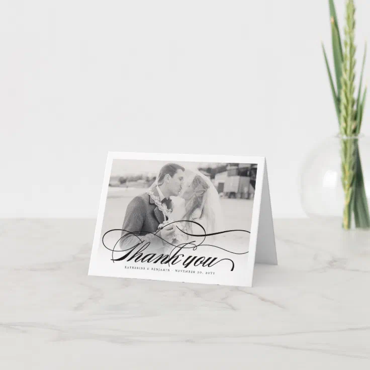 Romantic Classic Script Photo Wedding Thank You Note Card | Zazzle