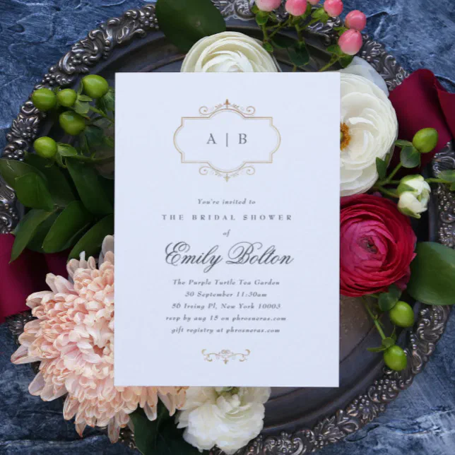 romantic classic traditional gold monogram wedding invitation | Zazzle