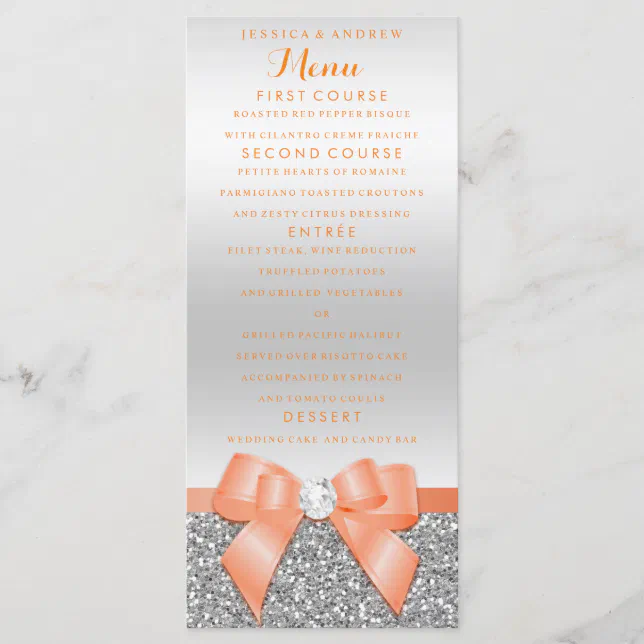 Romantic Coral Bow & Silver Glitter Wedding Menu | Zazzle
