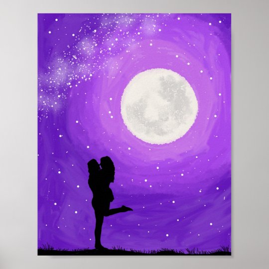 Romantic Couple Purple Night Full Moon Stars Date Poster | Zazzle.com
