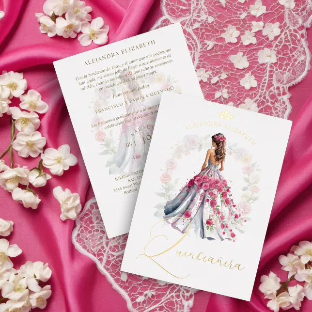 Romantic Crown Spanish Quinceañera Doll in Pink Foil Invitation | Zazzle